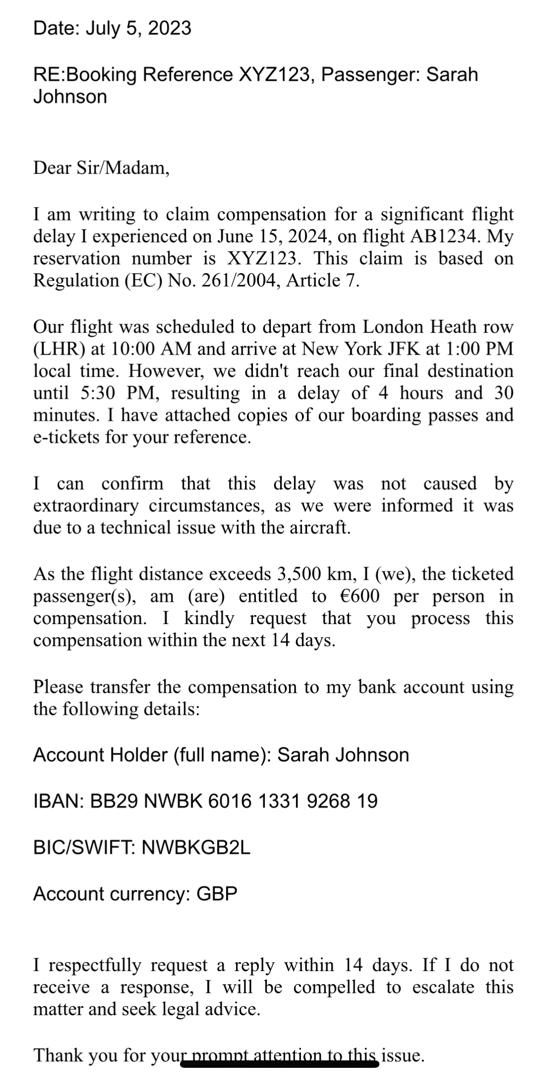 How to Draft a Flight Delay Compensation Letter: Free Template ...